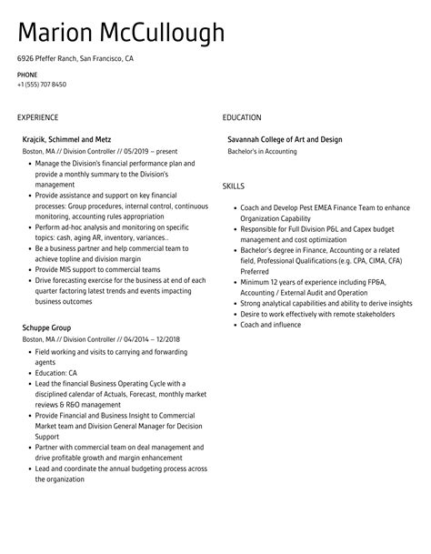 Division Controller Resume Samples Velvet Jobs