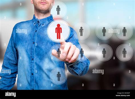 business, technology, internet, networking and recruitment concept - man pressing button on ...