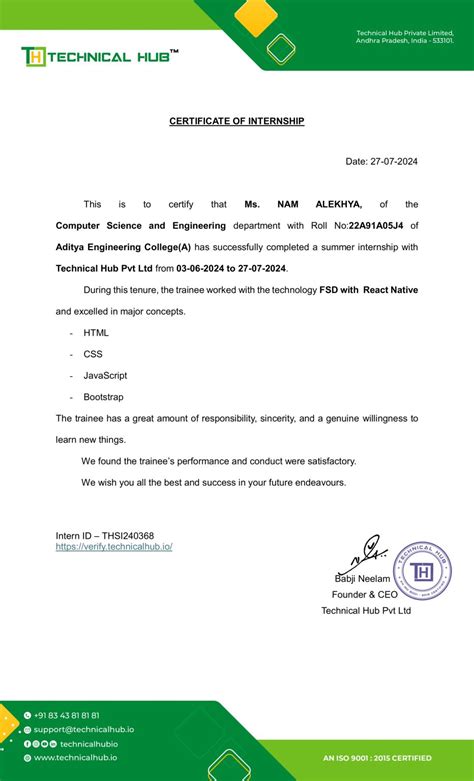 Alekhya Nam On Linkedin Internship Technicalhub Skills Html Css