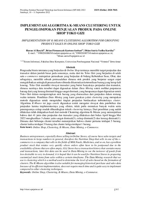 Pdf Implementasi Algoritma K Means Clustering Untuk Pengelompokan