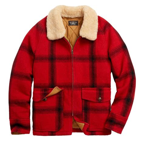 Rrl By Ralph Lauren Shearling Collar Plaid Wool Jacket Red Black