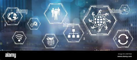 Concept Of Globalization With Icons On Blurred Dark Background Stock