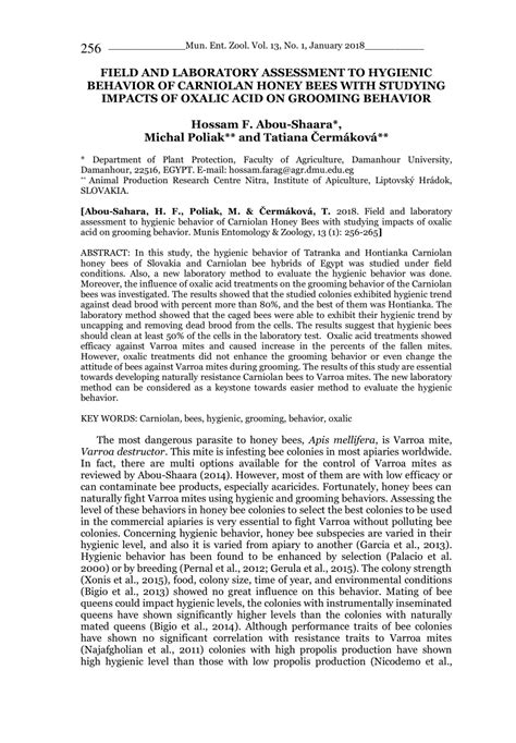 Pdf Field And Laboratory Assessment To Hygienic Behavior Of Carniolan