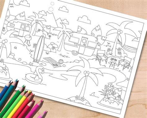Camping Coloring Page Summer Beach Printable Vintage Camper Download