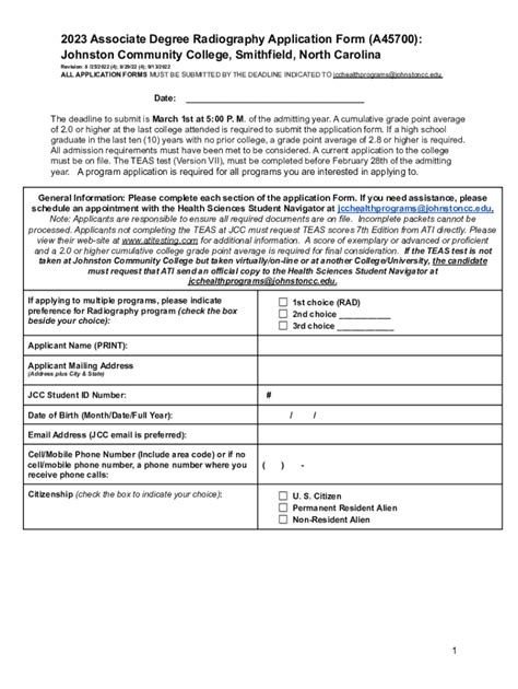 Fillable Online Associate Degree Radiography Application Form A45700