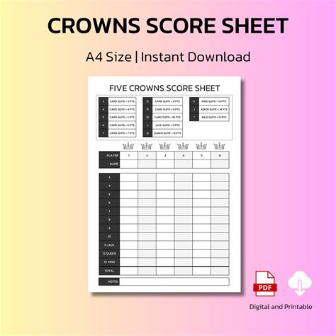 5 Crowns Score Sheet Printable 5 Crowns Score Card A4 Size Digital Download Printable Pdf