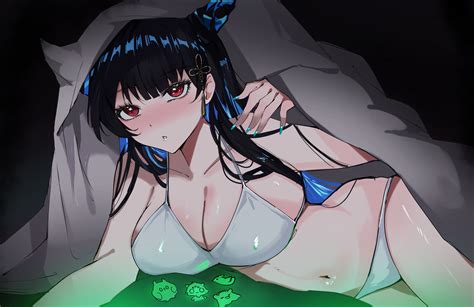 Rule 34 Absurdres Bikini Black Hair Black Horns Blue Eyes Blue Nails