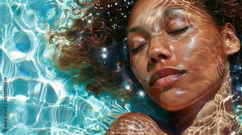 A Woman Is Happily Swimming Underwater In A Pool Wearing A Diving Mask