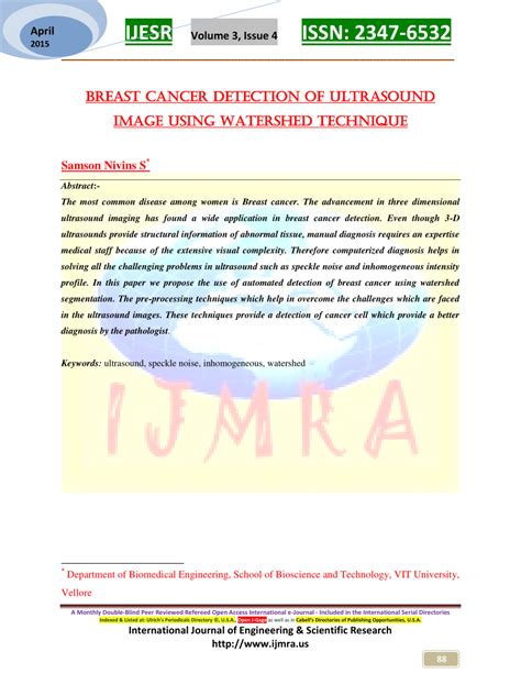 Pdf Breast Cancer Detection Of Ultrasound Image Using Watershed Technique