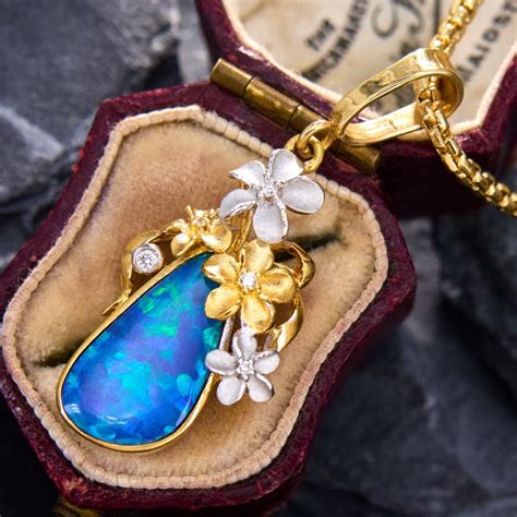 Opal Pendant Necklace W Diamonds In Plumeria Flowers