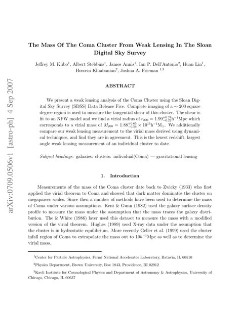 Pdf The Mass Of The Coma Cluster From Weak Lensing In The Sloan Digital Sky Survey