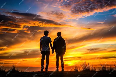 Two People Holding Hands And Looking At The Sunset Premium Ai