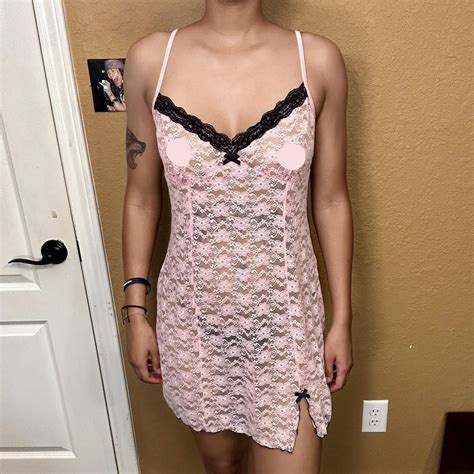 Pink And Black Sheer Lace Slip Dress By George Marked Depop