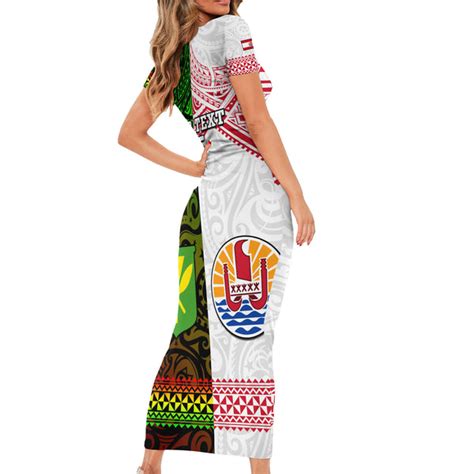 Custom Hawaii And Tahiti Short Sleeve Bodycon Dress Coat Of Arms