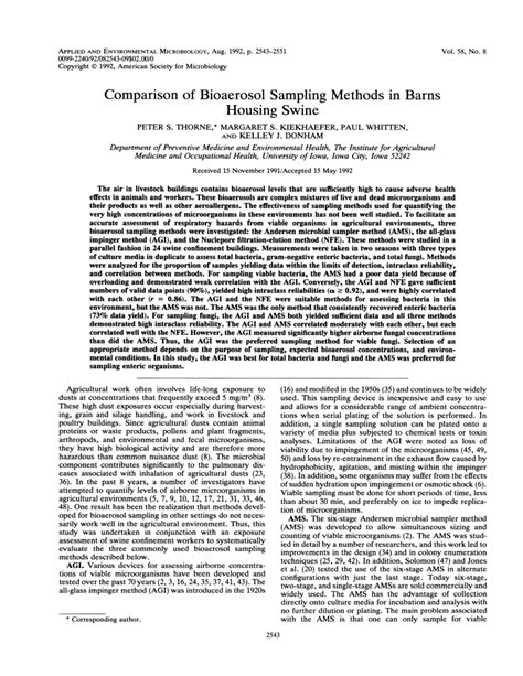 Pdf Comparing Bioaerosol Sampling Methods In Barns Housing Swine