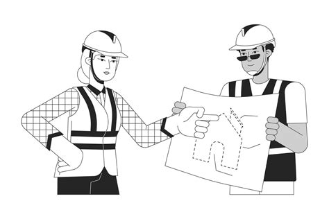 Diverse Contractors Discussing Blueprint Black And White 2d Line