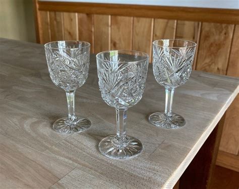 Bohemian Czech Cut Crystal Wine Goblets Star Pinwheel Cut Glass Wine