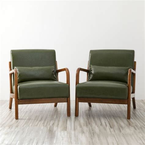 Set Of 2 Mid Century Modern Hunter Green Leatherette Accent Armchair