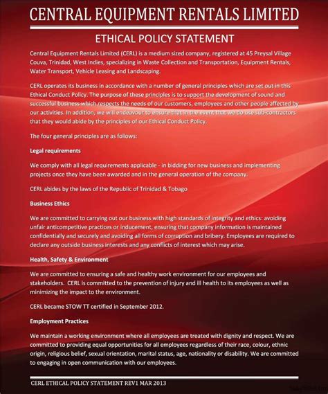 Ethical Policy Statement Central Equipment Rentals Limited