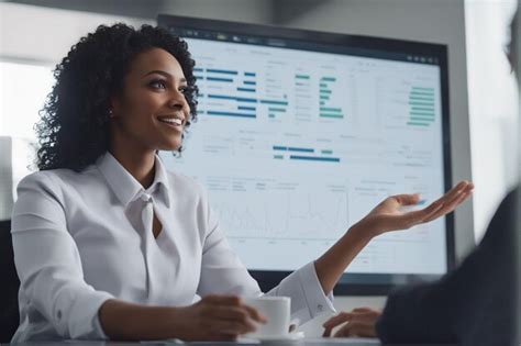 Premium Ai Image A Woman Sits At A Desk With A Monitor And A Cup Of