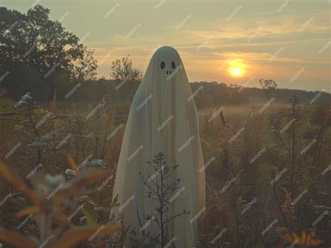 A Ghost In The Grass With The Sun Setting Behind It Premium Ai