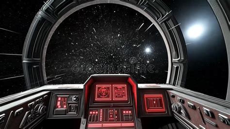 Spaceship Cockpit Interior View During Hyperspace Jump With Glowing Red Dashboard Stock Video