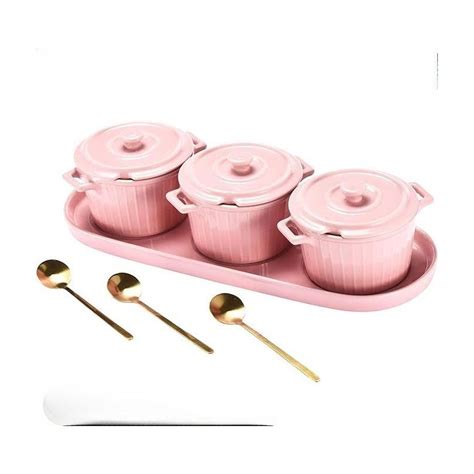 Whole Housewares Mini Cocotte Set With Golden Spoons And Pink Serving Tray 3 Piece Target