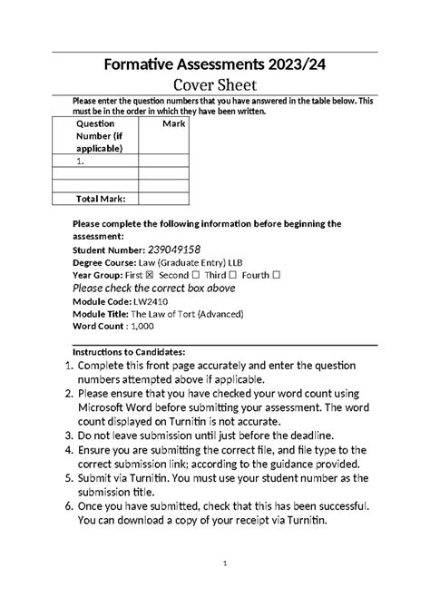 Tort 23 Formitive Assessment Lw2410 Formative Assessments 2023