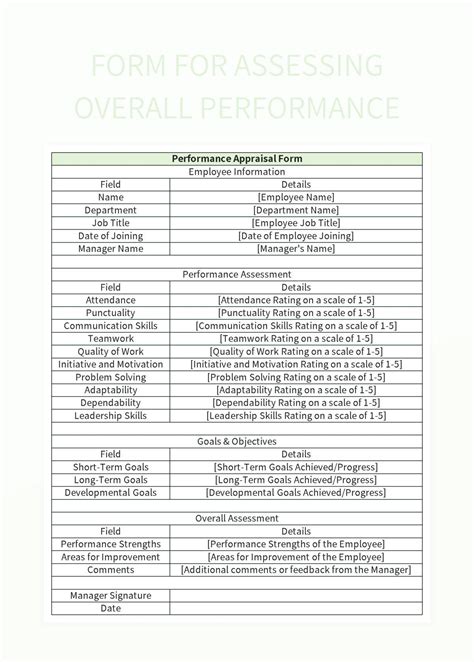 Business Commissioners Performance Assessment Form Template Excel