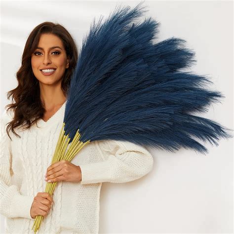 Qubitful Blue Pampas Grass 9 Pcs 3731ft Tall Fluffy Fake Pompas Floral Large