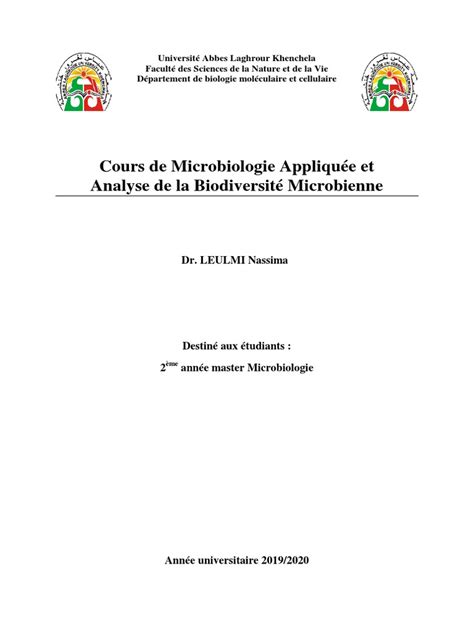 Polycopié Microbiologie Appliquée Et Analye De La Biodiversité