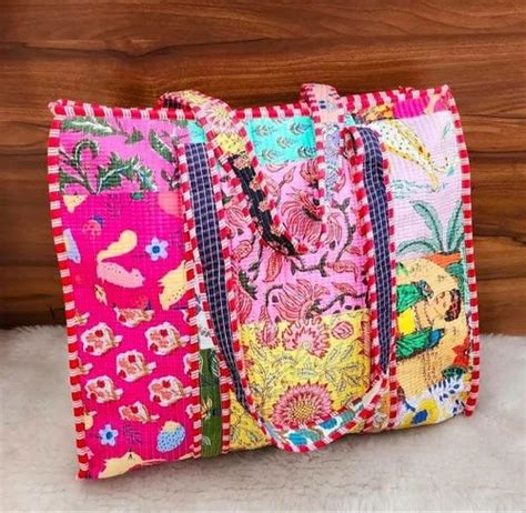 Quilted Cotton Handprinted Large Multicolor Jungle Tote Bag Cotton