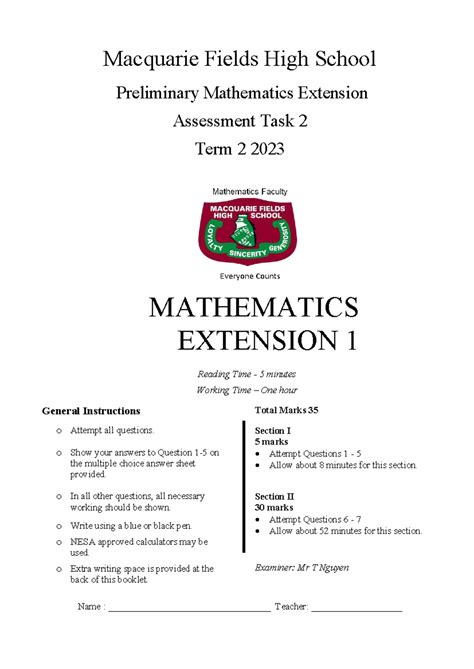 Preliminary Maths Extension 1 Past Papers Term 2 2023 Studocu