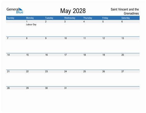 Editable May 2028 Calendar With Saint Vincent And The Grenadines Holidays