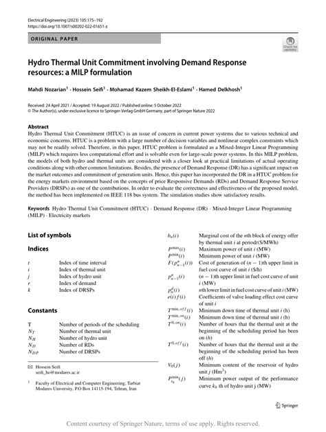 Hydro Thermal Unit Commitment Involving Demand Response Resources A Milp Formulation Request Pdf