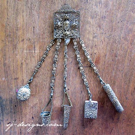 19th Century Dark Brass Chatelaine With 5 Original Tools Sj Designs