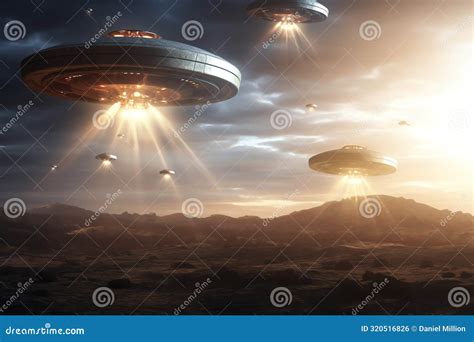 Ufo Fleet Departing From A Mysterious Alien Planet Sci Fi Illustration