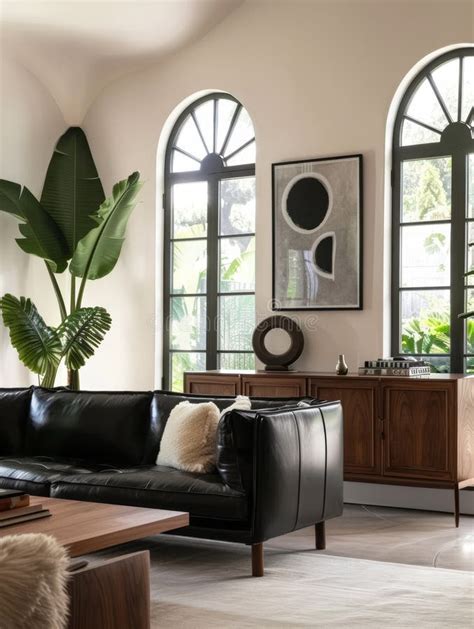 Modern Living Room With Black Leather Sofa Wooden Furniture And Large