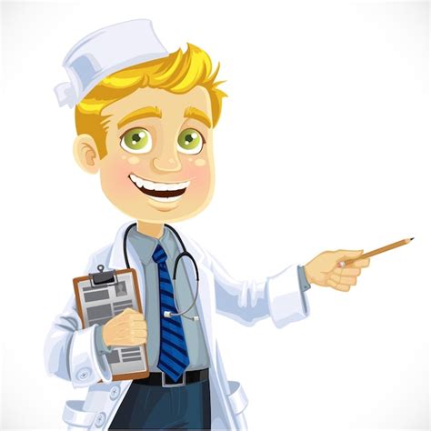 Netter Blonder Arzt Erklärt Etwas Porträt Von Männern Premium Vektor