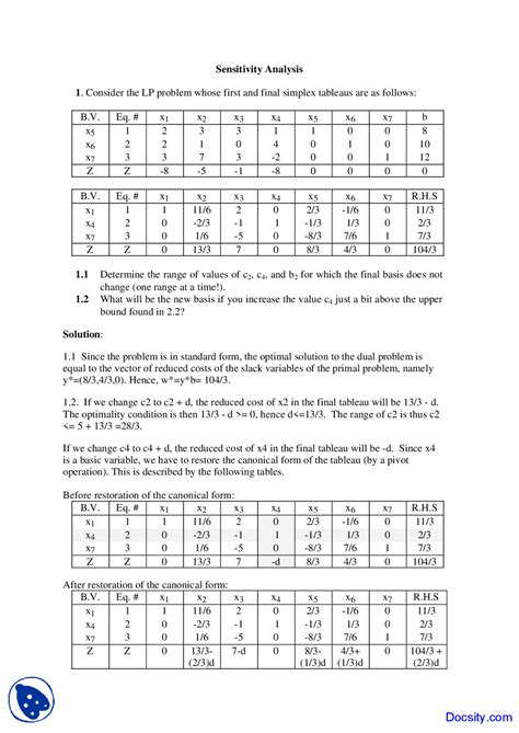 Sensitivity Analysis Introduction To Operations Research Lecture Notes Docsity