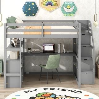 Full Size Loft Bed With Desk And Shelves Two Built In Drawers Storage