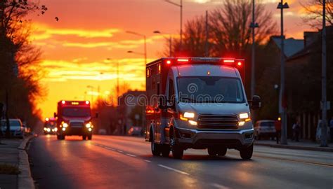 Ambulance Firetruck Race Down City Street At Sunset Emergency