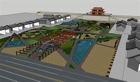 多彩几何区域划分景观广场设计su模型城市规划土木在线