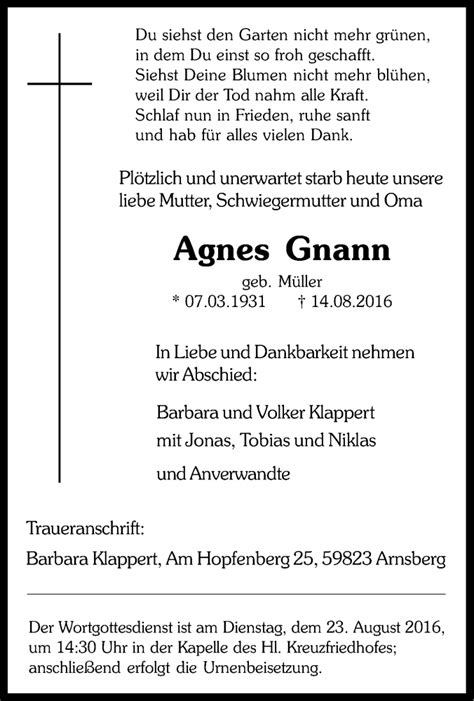 Traueranzeigen Von Agnes Gnann Trauer In Nrwde