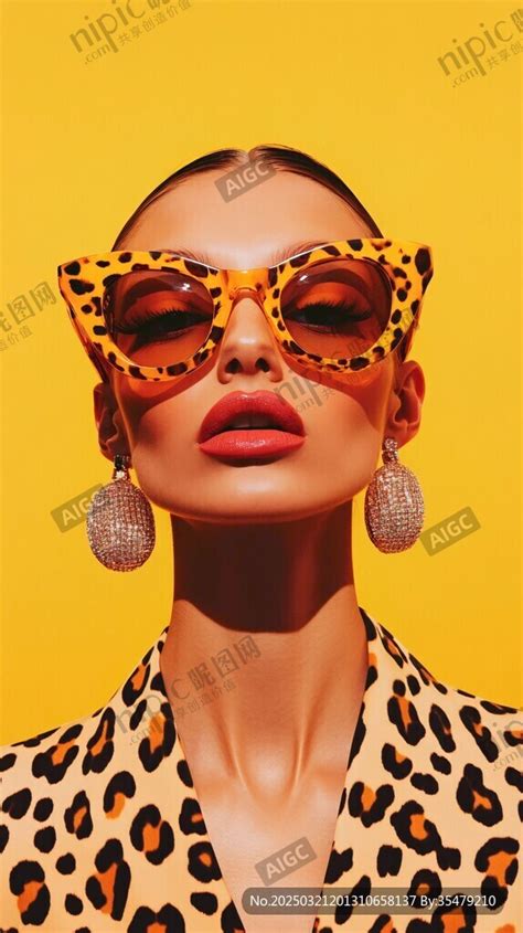 Ai创作图豹纹 太阳镜 红唇 耳环 黄色背景 时尚潮流 美丽女性 猫眼太阳镜 化妆品 互联网搜索 时尚杂志 广告 模特 摄影师 昵图网
