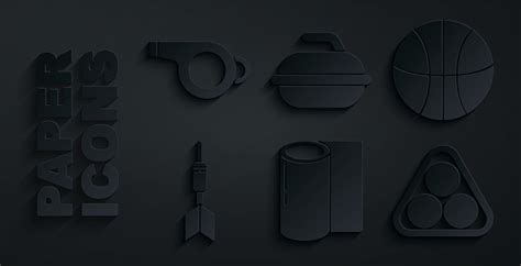 피트니스 매트 롤 농구 공 다트 화살 랙 삼각형의 당구 공 컬링 스포츠 게임용 스톤 및 휘파람 아이콘을 설정합니다 벡터 3차원 형태에 대한 스톡 벡터 아트 및 기타 이미지