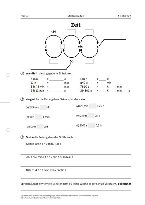Arbeitsblatt Maßeinheiten Tutoryde