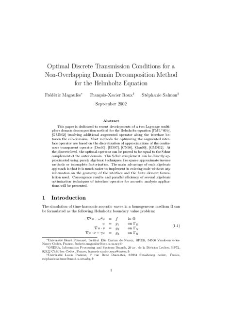 Pdf Optimal Discrete Transmission Conditions For A Nonoverlapping Domain Decomposition Method