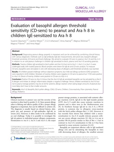 Pdf Evaluation Of Basophil Allergen Threshold Sensitivity Cd Sens To Peanut And Ara H 8 In