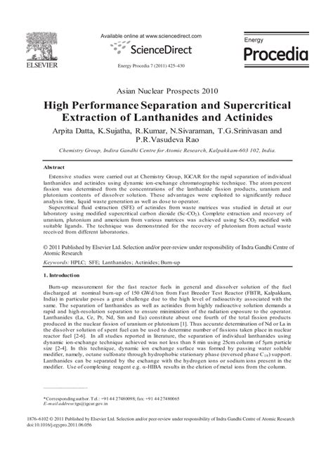 Pdf High Performance Separation And Supercritical Extraction Of Lanthanides And Actinides